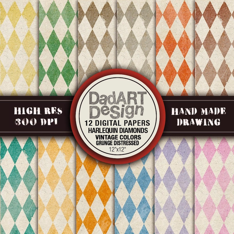 Retro Diamonds Harlequin Patterns Digital Paper - Vintage Grunge ...