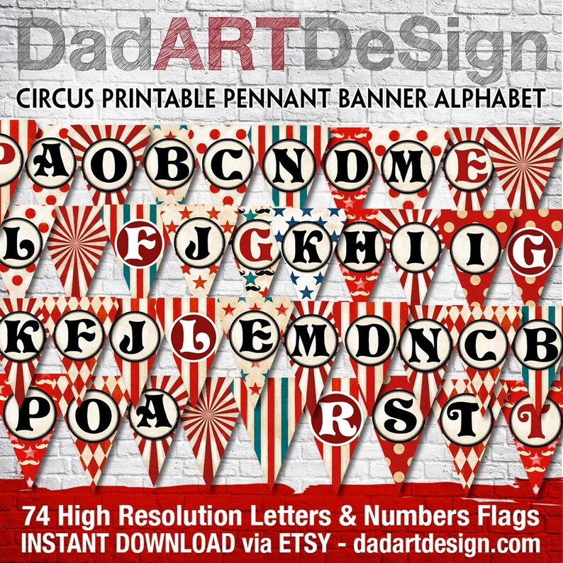 Circus Vintage Printable Pennant Banner Alphabet - Instant Download 74 ...