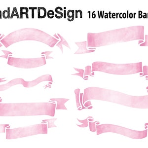 Pink Watercolor Ribbon Banners, Hand Drawn, 16 PNG Hires Files Ready to ...