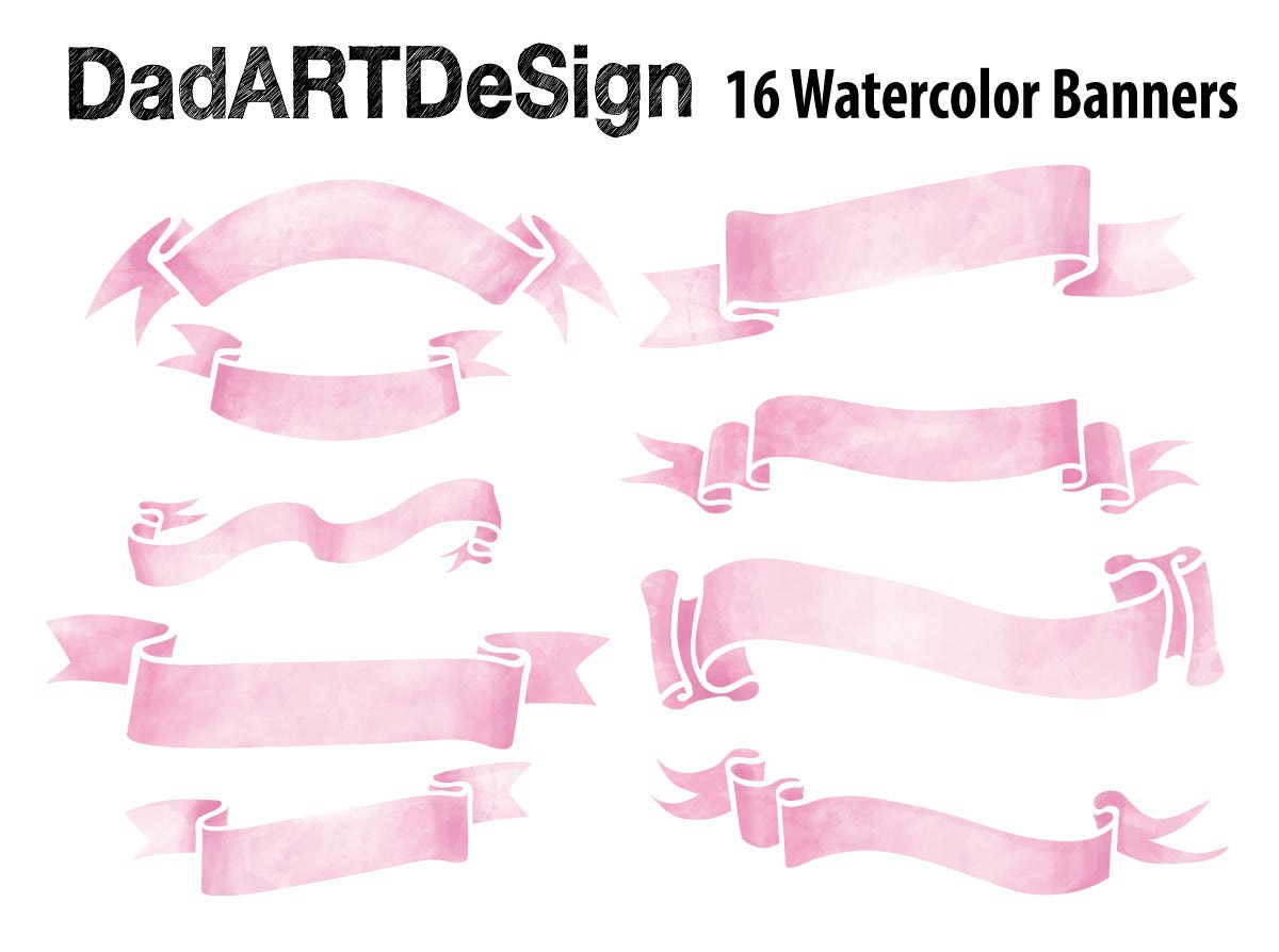 Pink Watercolor Ribbon Banners, Hand Drawn, 16 PNG Hires Files Ready to ...