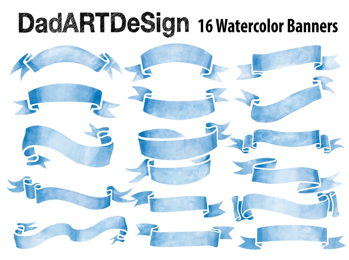Blue Watercolor Ribbon Banners, Hand Drawn, 16 PNG Hires Files Ready to ...