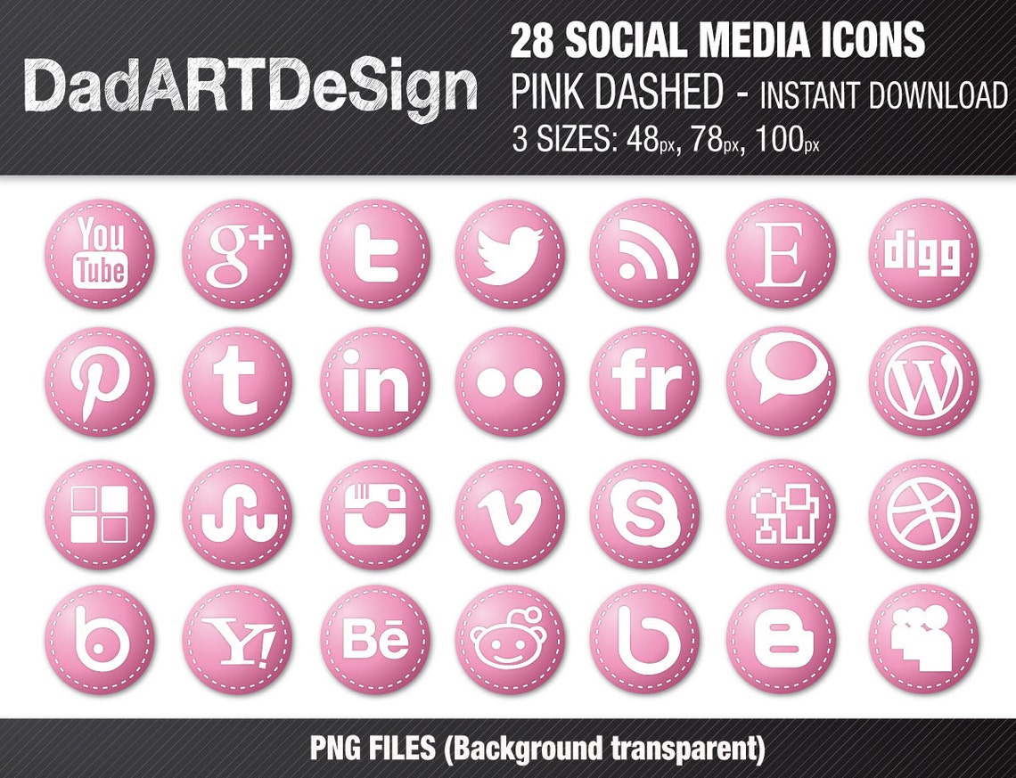 28 SOCIAL MEDIA Icons Set, Pink - Instant Download - 3 Sizes - Etsy