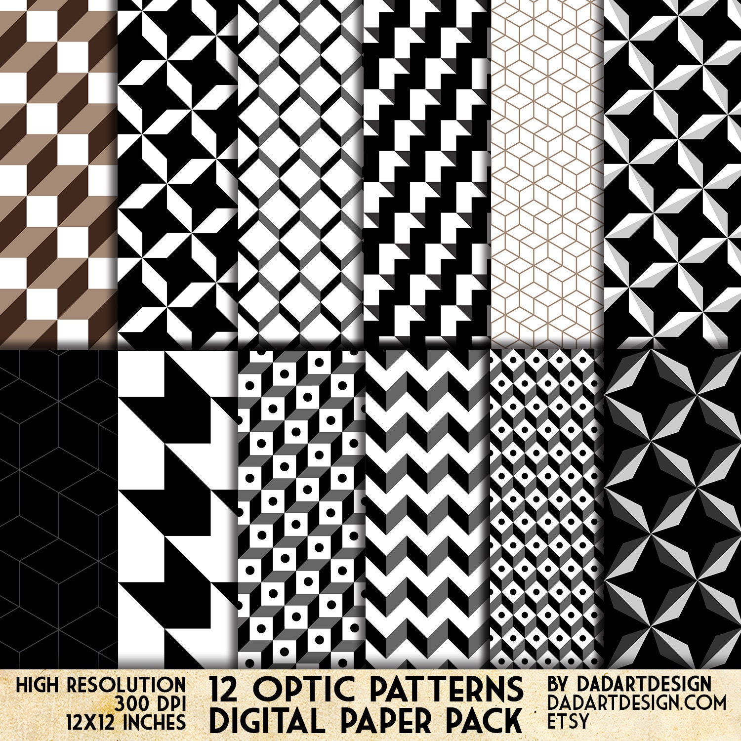 12 Optical Patterns Digital Paper Pack Hi Res Files Instant - Etsy