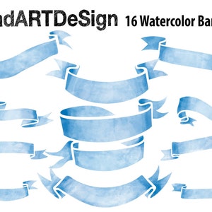 Blue Watercolor Ribbon Banners, Hand Drawn, 16 PNG Hires Files Ready to ...