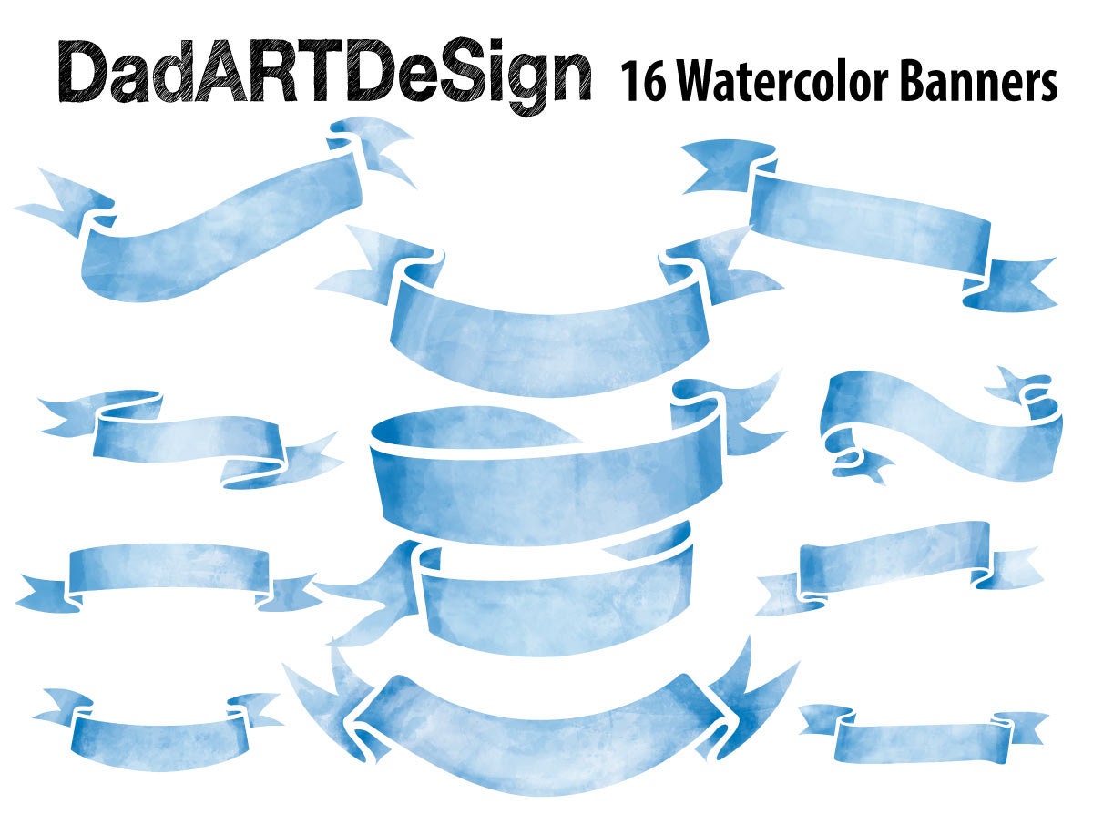 Blue Watercolor Ribbon Banners, Hand Drawn, 16 PNG Hires Files Ready to ...