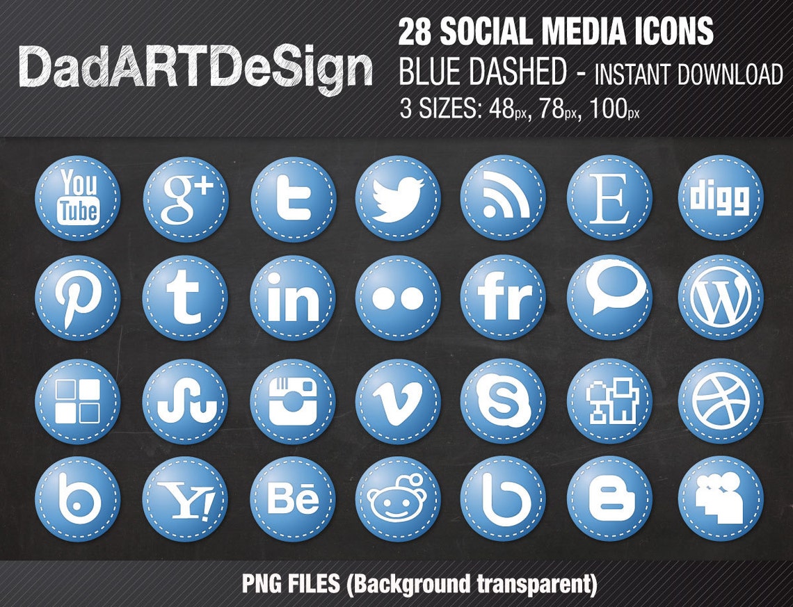 28 SOCIAL MEDIA Icons Set, Blue Dashed - Instant Download - 3 Sizes - Etsy