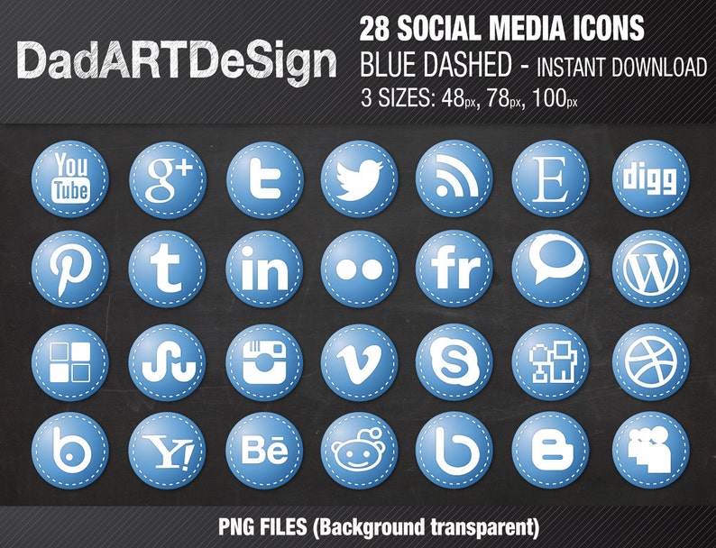 28 SOCIAL MEDIA Icons Set, Blue Dashed - Instant Download - 3 Sizes - Etsy