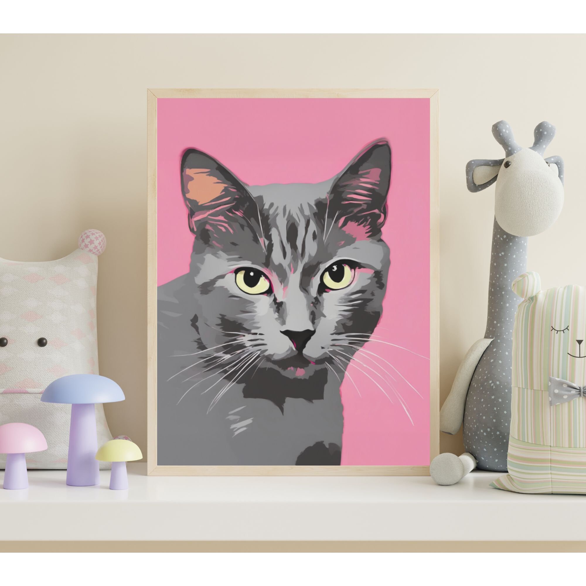Grey Cat Pop-art Print | Pink Cat Wall Art | Cat Home Decor | Gifts for ...