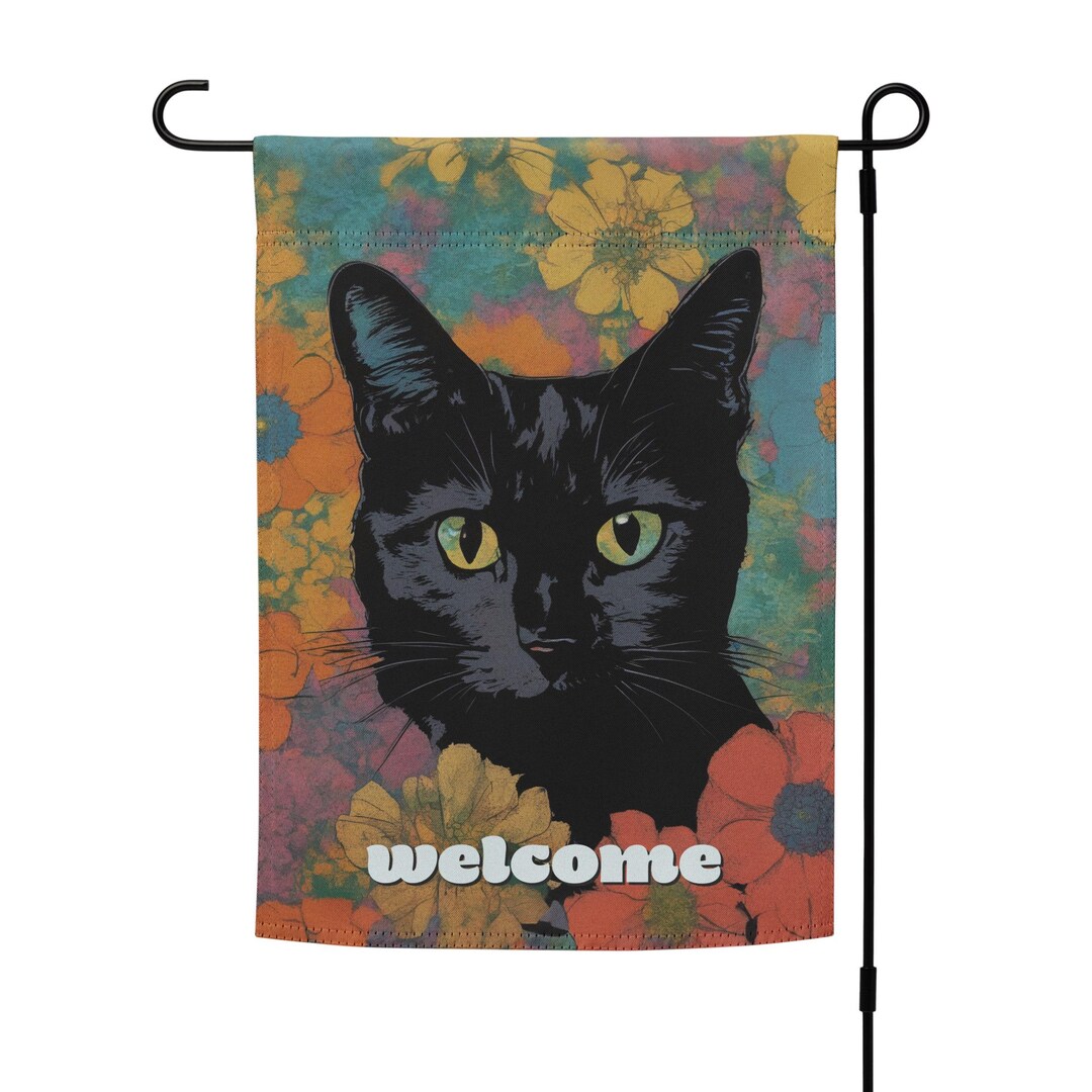 Floral Black Cat Welcome Flag | Black Cat Garden Flag | Double-sided ...
