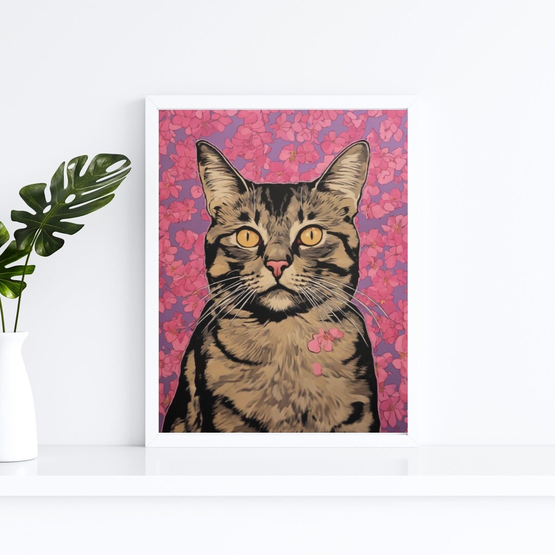 Cat Pop Art PRINTABLE Wall Art | Feline Artwork Cat Print | Pink Floral ...