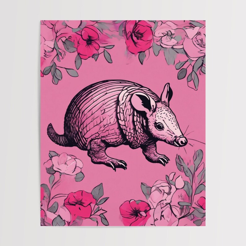 Pink Pop-art Armadillo Art Print | Flowers and Armadillo Wall Art ...