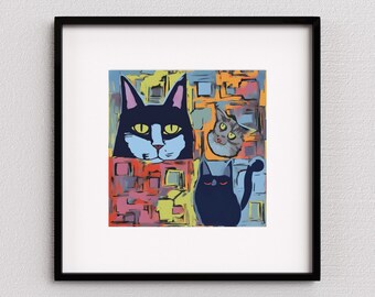 Abstract Cat Wall Art, Colorful Cat Wall Decor, Geometric Cat Poster ...