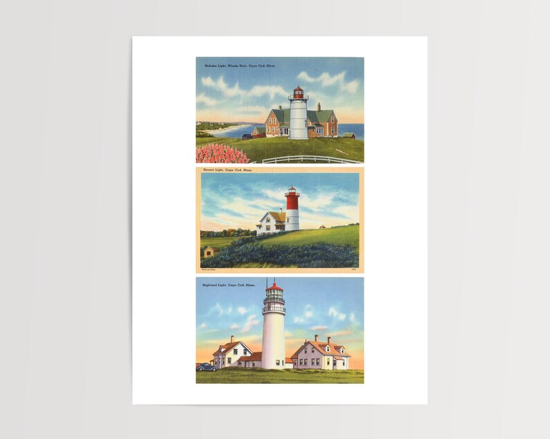 Cape Cod Art Print of Lighthouses on Vintage Postcards | Cape Cod ...