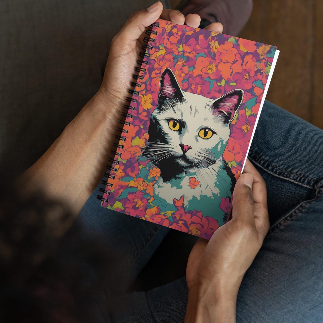Modern Floral Cat Spiral Notebook | White Cat Notebook | Cat Sketchbook ...