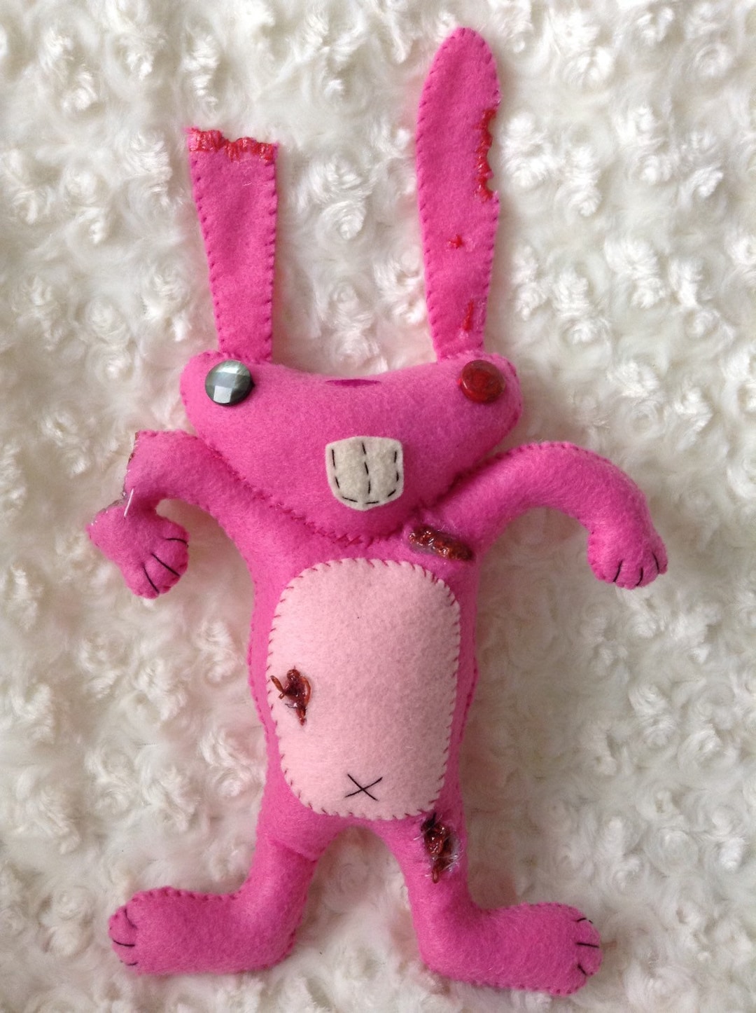 Bright Pink and Light Pink Felt Zombie Bunny With Bitten Ears, Scars ...