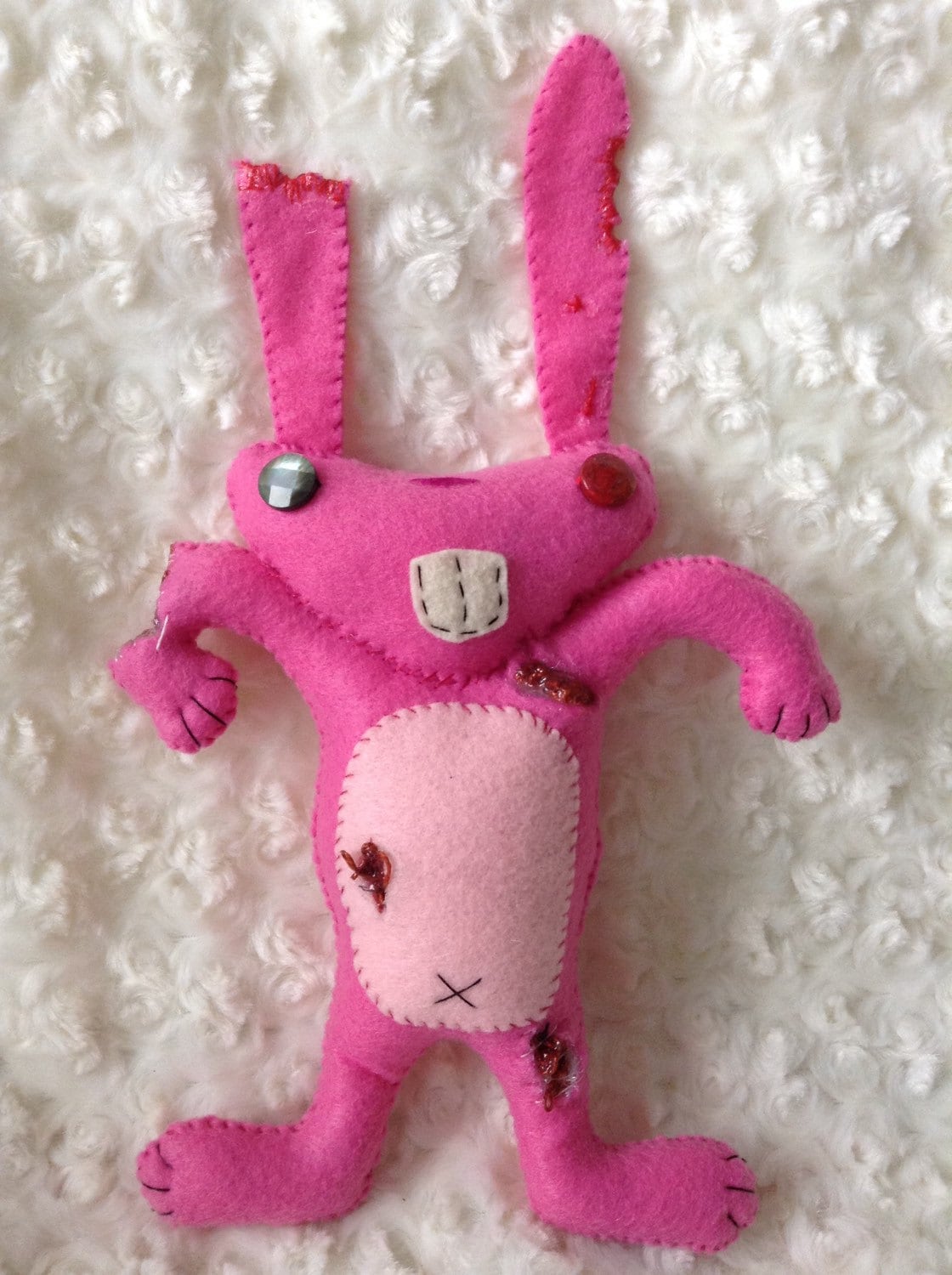 Bright Pink and Light Pink Felt Zombie Bunny With Bitten Ears, Scars ...