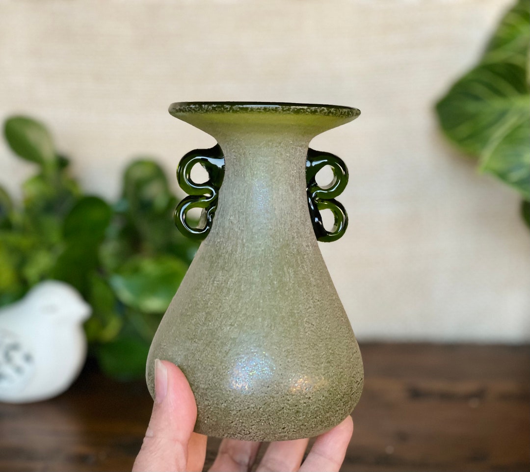 Art Glass Green Olive Textured Vase With Applied Handblown Handles 5 3/ ...