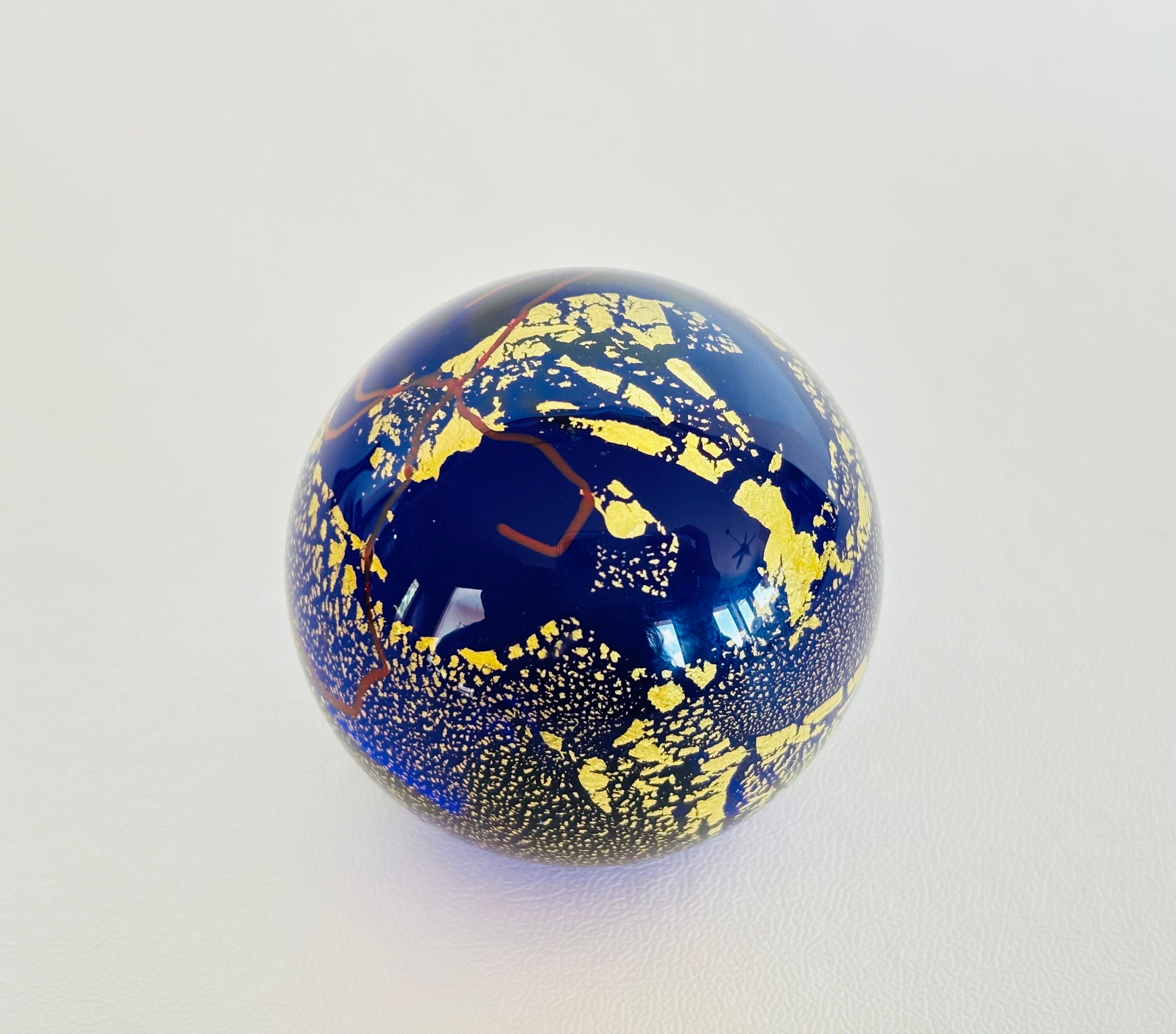 Vintage GES ART Glass Paperweight Cobalt Blue & Gold on Brass Stand 4. ...