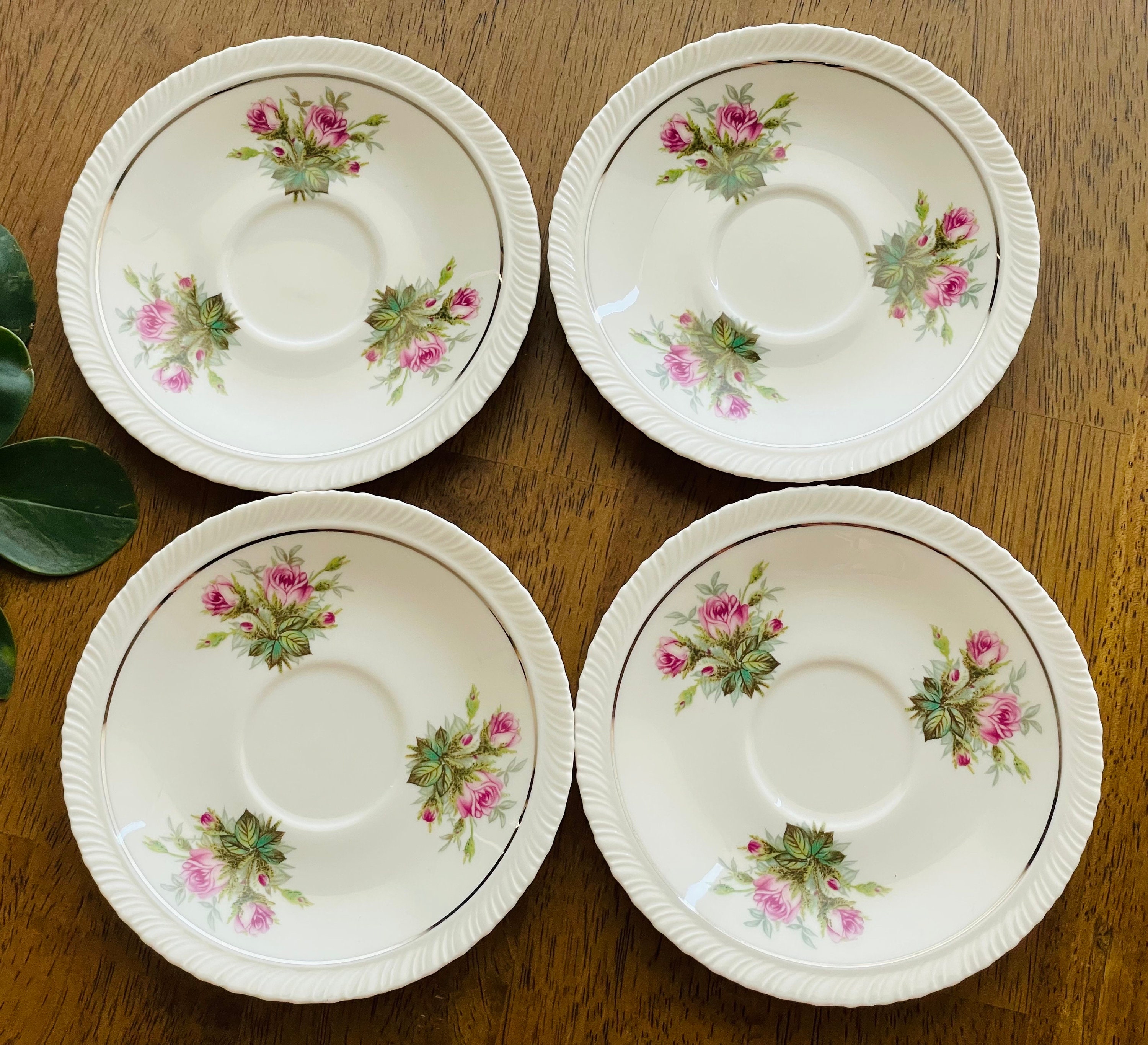 1950's Hanover China Anniversary Pattern Saucers With Swirl Pink Roses ...
