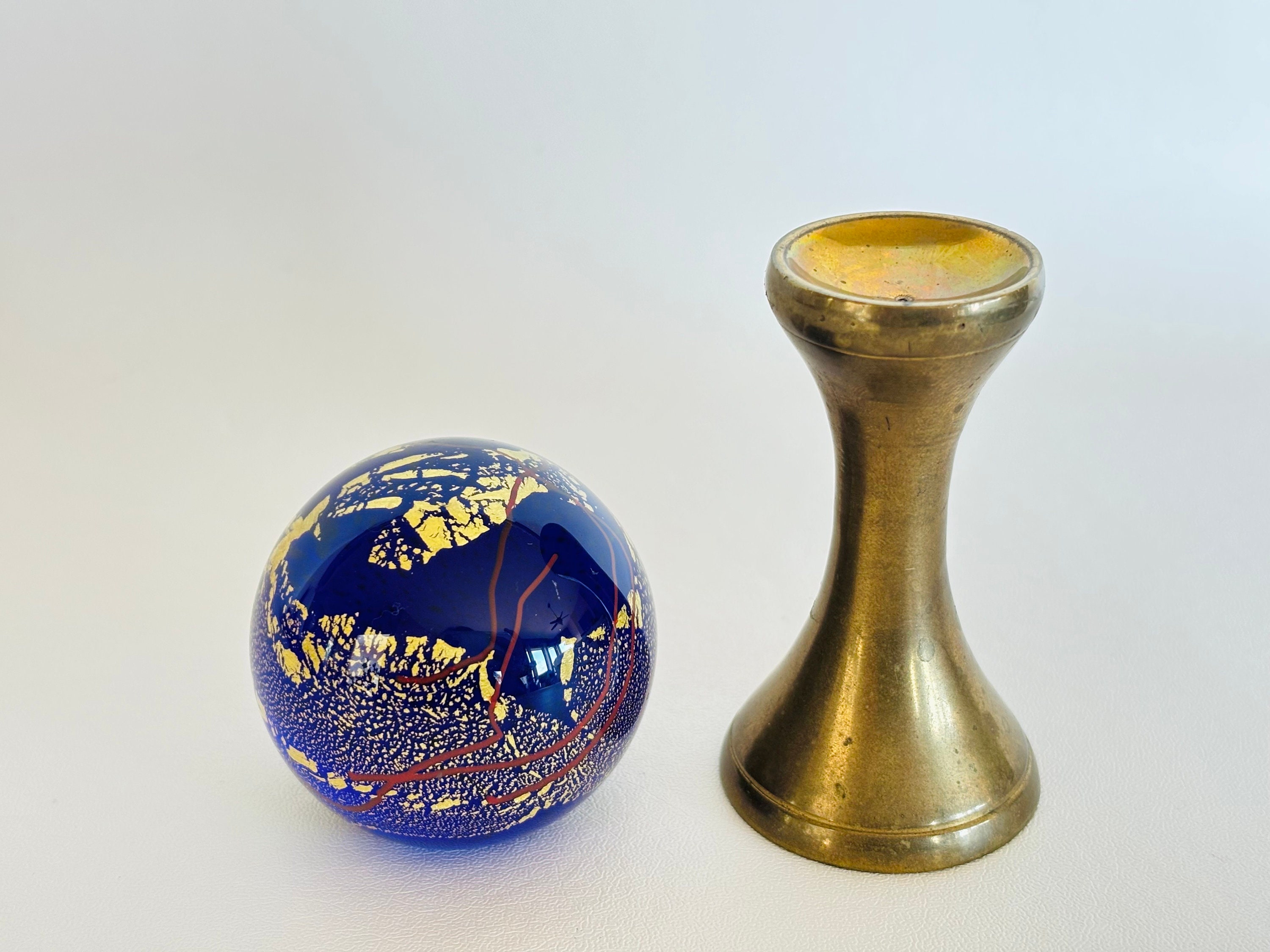 Vintage GES ART Glass Paperweight Cobalt Blue & Gold on Brass Stand 4. ...