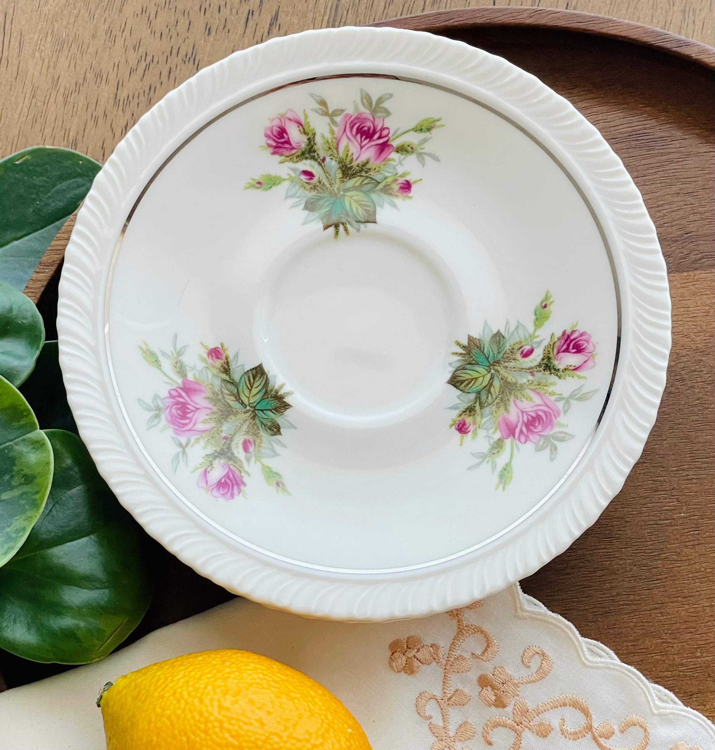 1950's Hanover China Anniversary Pattern Saucers With Swirl Pink Roses ...