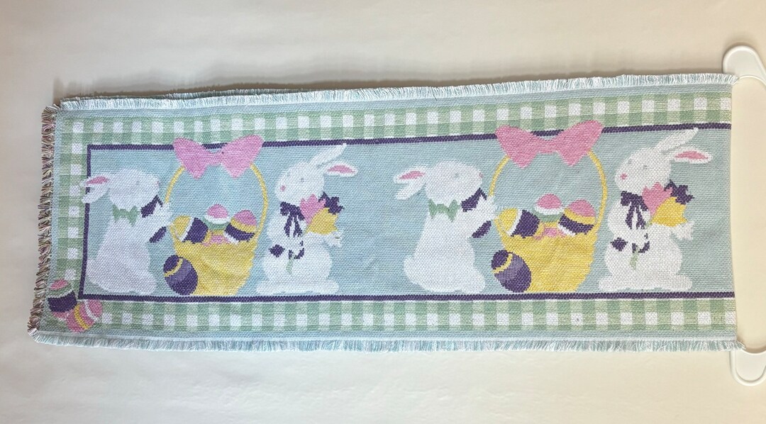 Vintage Easter Bunnies Rabbits Table Runner Spring Tapestry Eggs Yellow ...