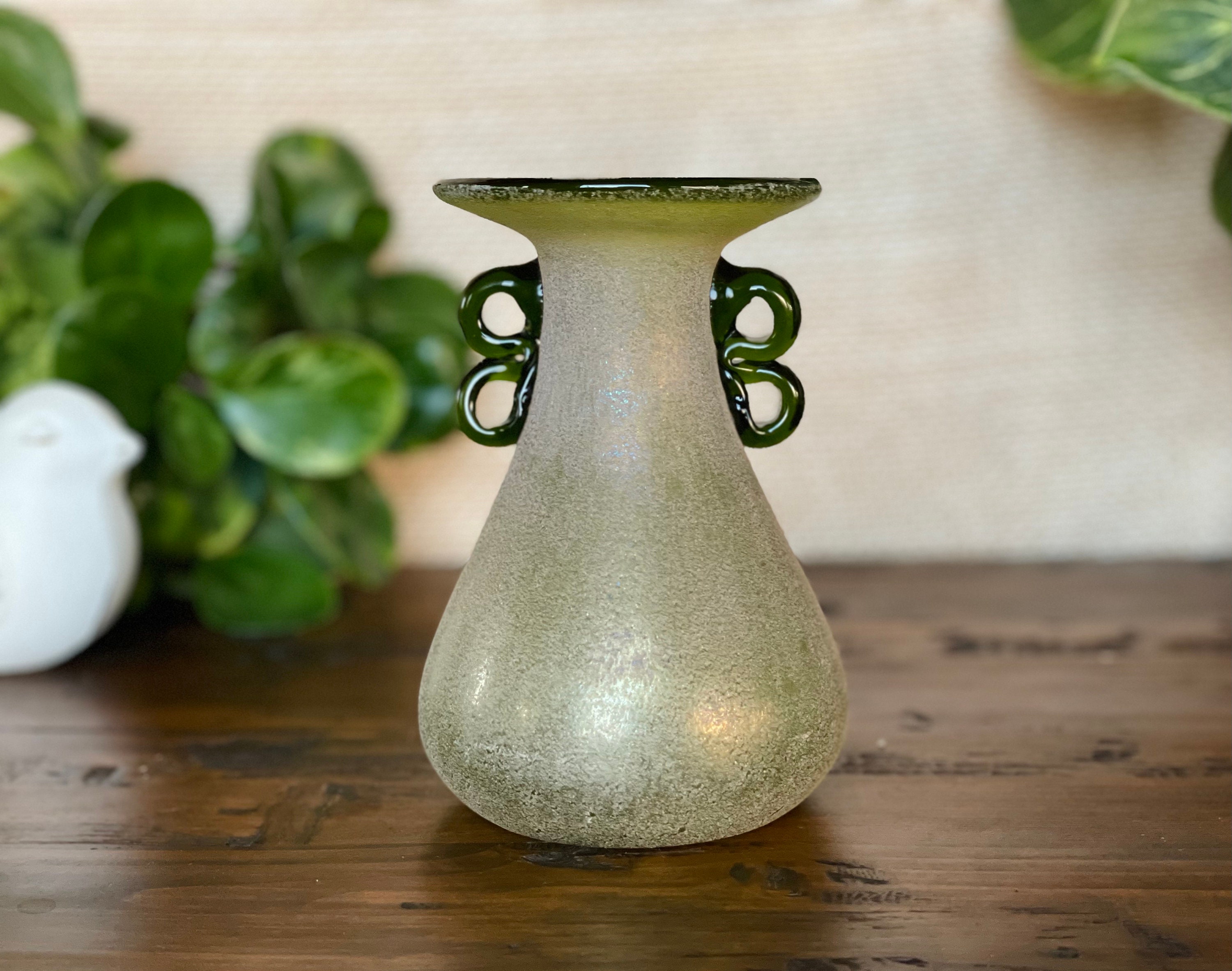 Art Glass Green Olive Textured Vase With Applied Handblown Handles 5 3/ ...