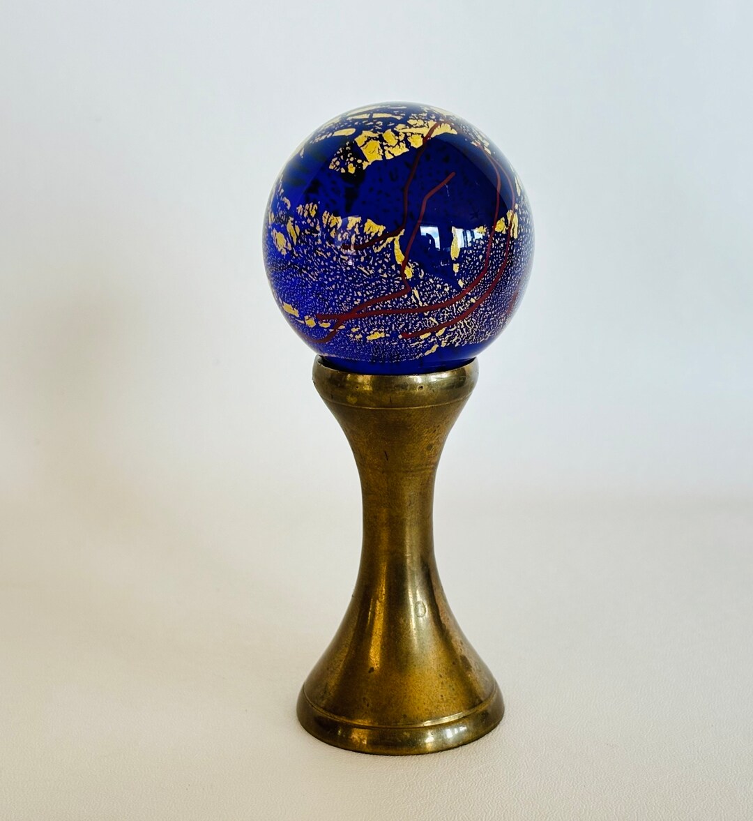 Vintage GES ART Glass Paperweight Cobalt Blue & Gold on Brass Stand 4. ...