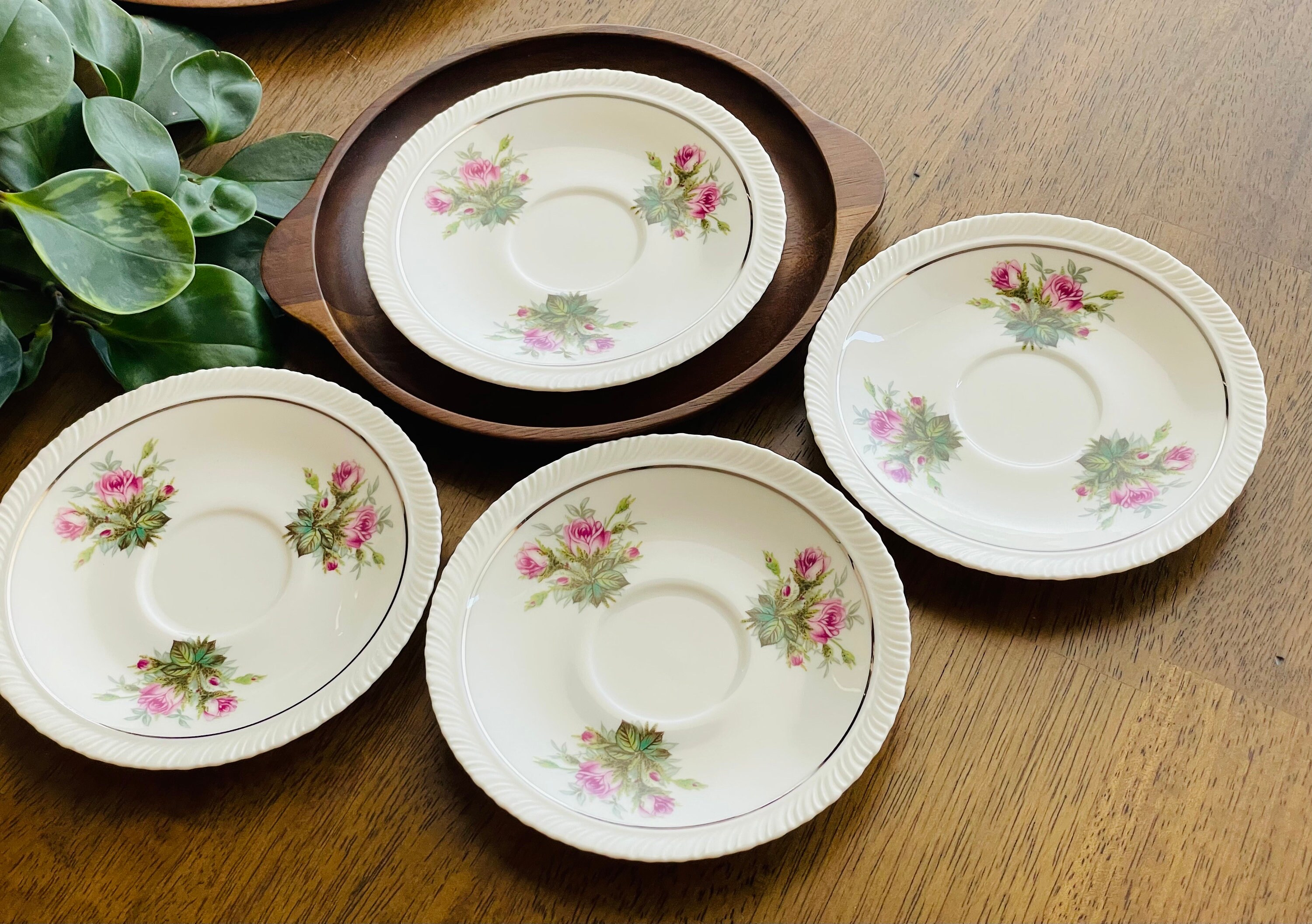 1950's Hanover China Anniversary Pattern Saucers With Swirl Pink Roses ...