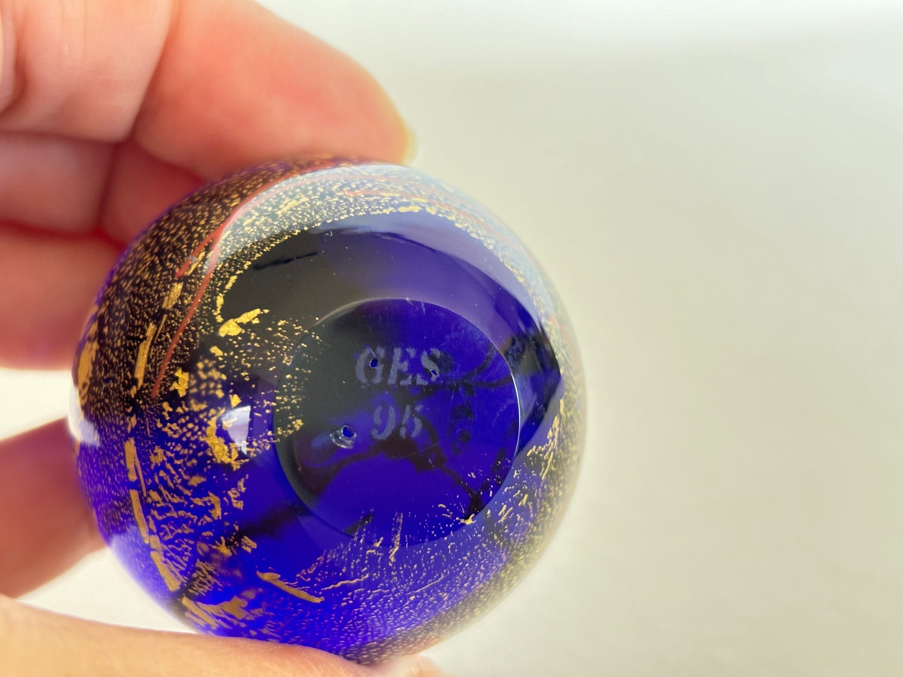 Vintage GES ART Glass Paperweight Cobalt Blue & Gold on Brass Stand 4. ...