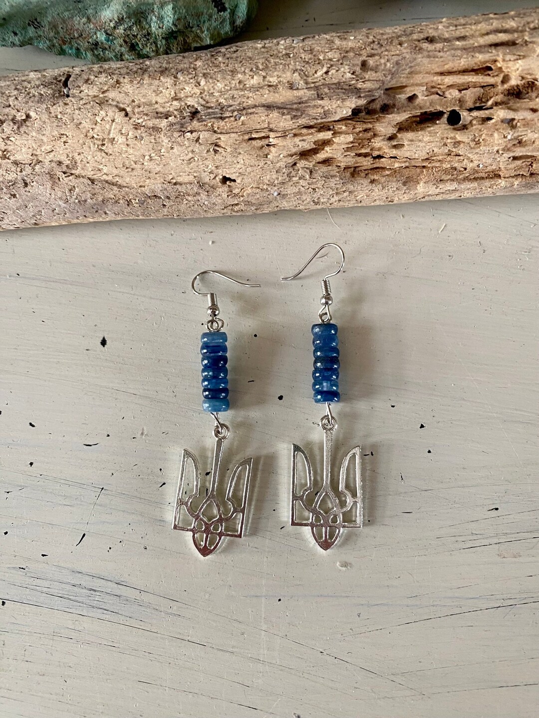 Blue Kyanite & Ukrainian Tryzub/trident Earrings Handmade One-of-a-kind ...
