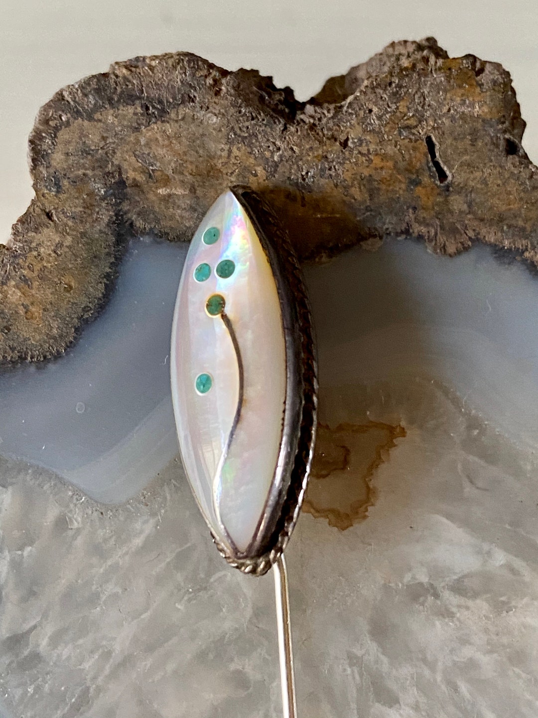 1960s Vintage Sterling Silver White Jade and Green Flower Oval Lapel ...