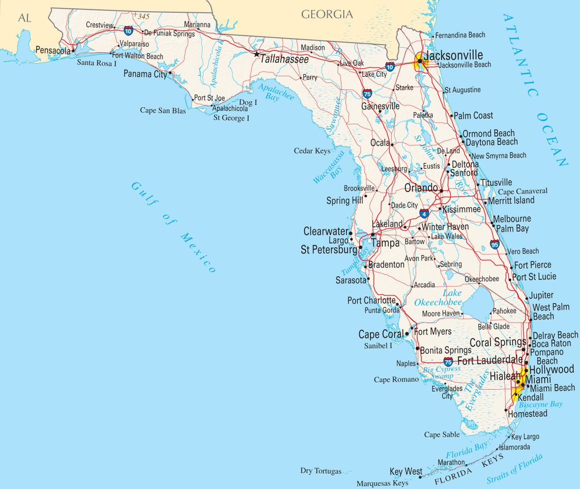 Map of Florida FL - Reference Map - Peel & Stick Removable Wall Decal ...