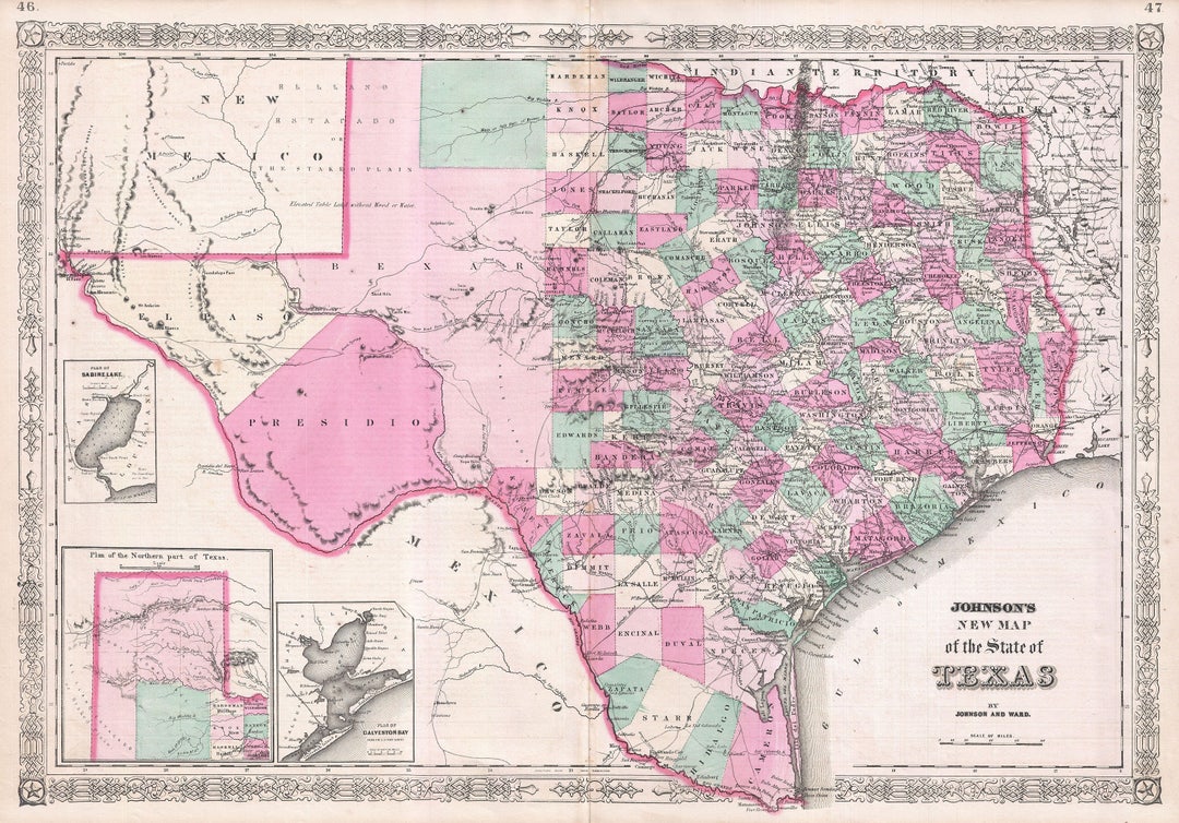 Map Of Texas 1866 Peel And Stick Removable Wall Decal Etsy