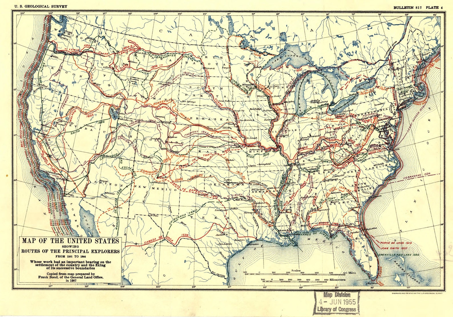 Map of the United States, Routes of Principal Explorers Peel & Stick ...