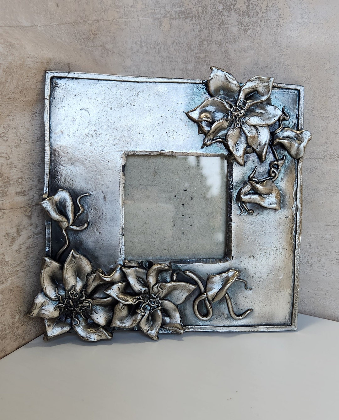 Ashleigh Manor Pewter Picture Frame With Flowers Holds 2 X 2 Photo ...