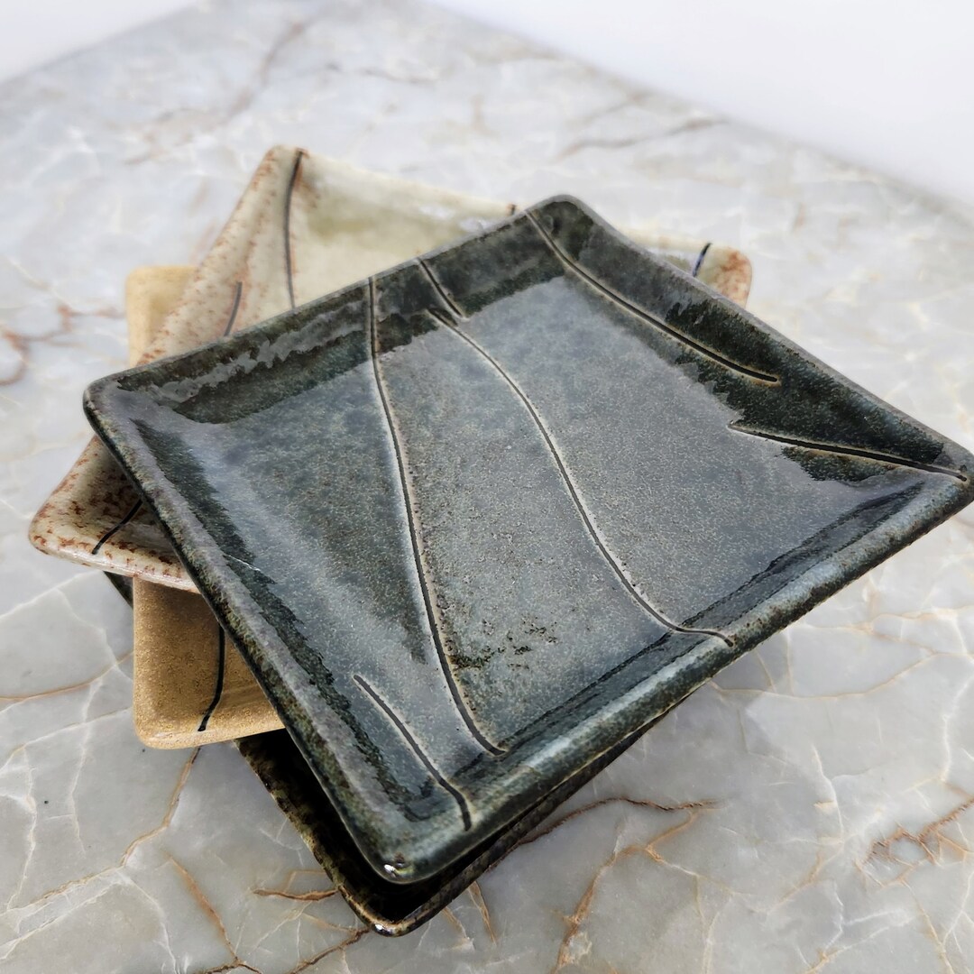 Set of 4 Boho Chic Ceramic Plates, Trinket Tray Collection in Green ...