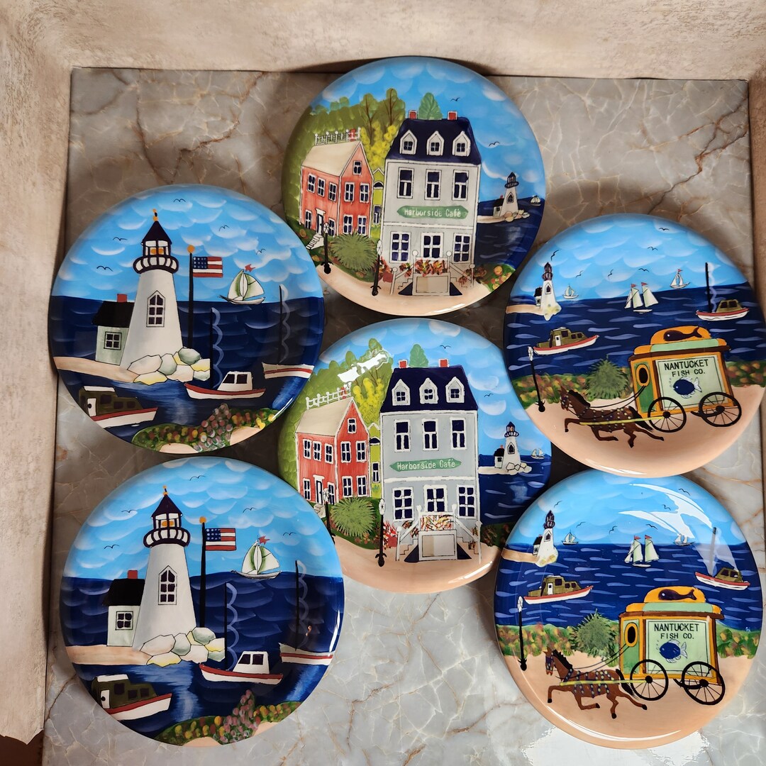 6 Piece Nantucket 8 Light House Beach Hand Painted Appetizer Plates ...