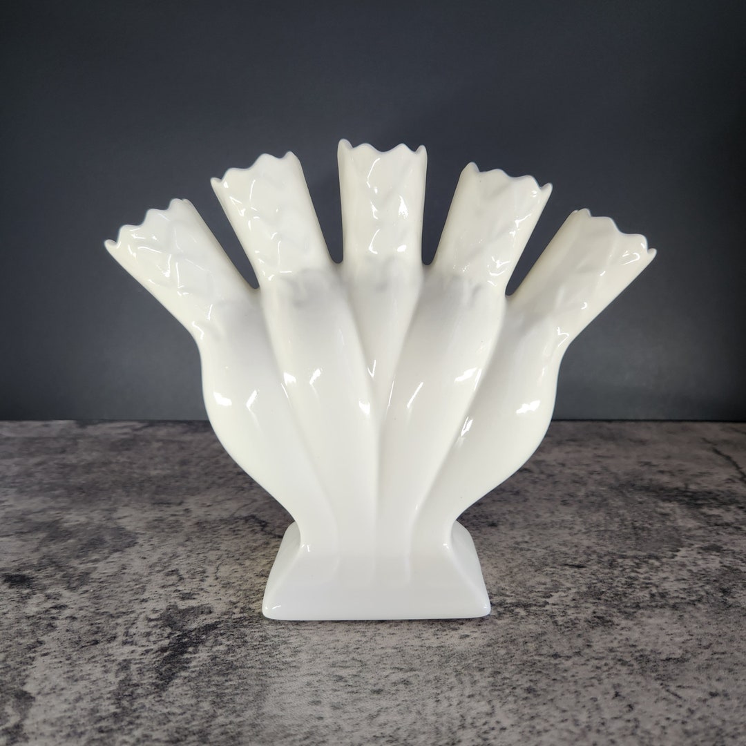Vintage 6.5 MCM 5 Finger Vase, White Bisque Pottery Bud Vase, Signed ...