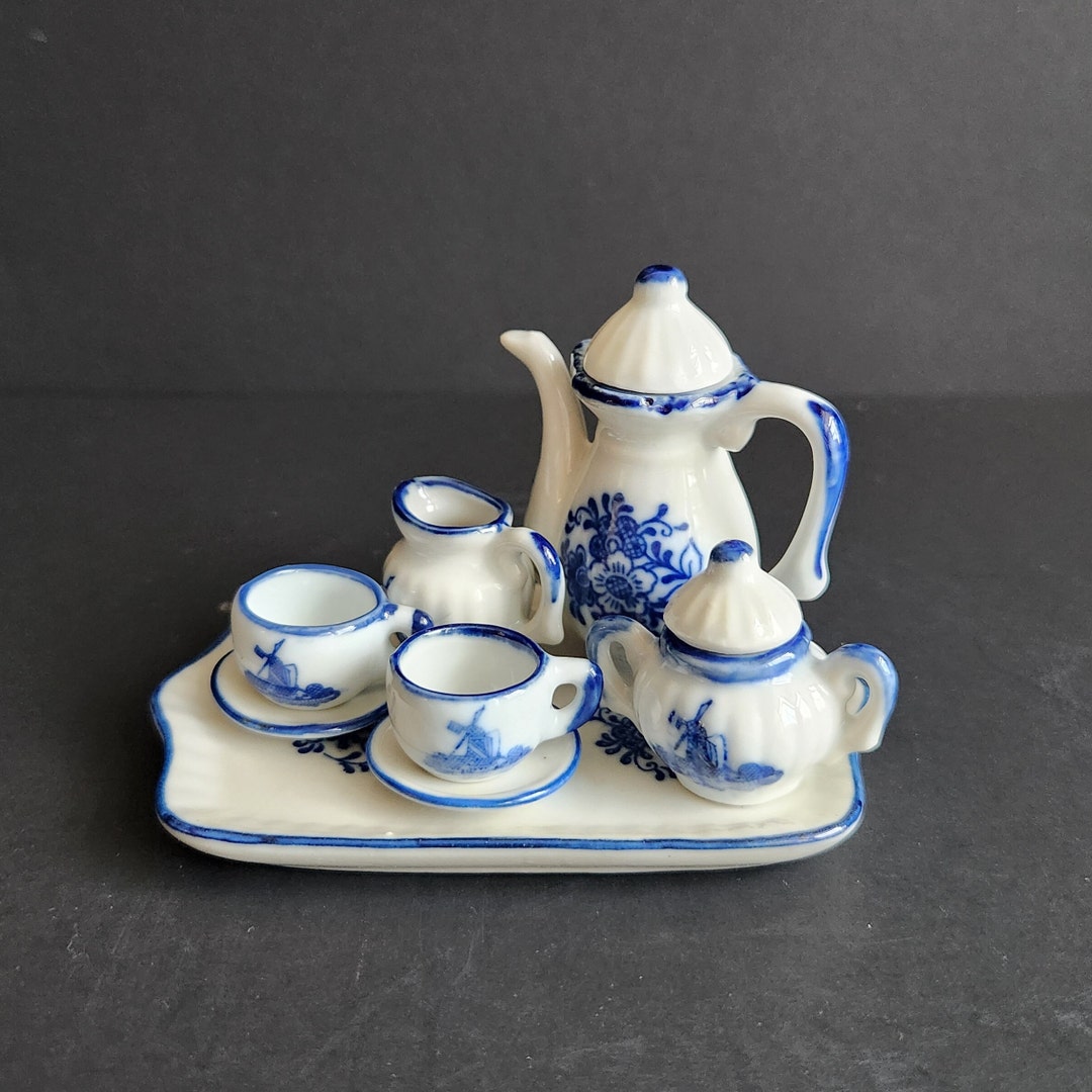Andrea by Sadek 2 Miniature Tea Set Floral Blue Porcelain 10 Piece Doll ...
