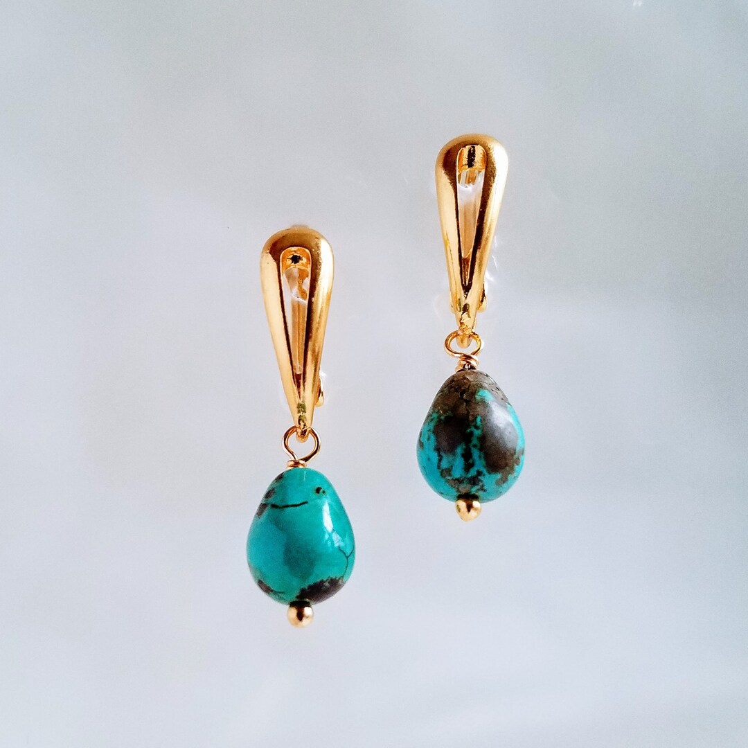 Turquoise Dangle Earrings, Green Natural Stone, December Earrings, Gold ...