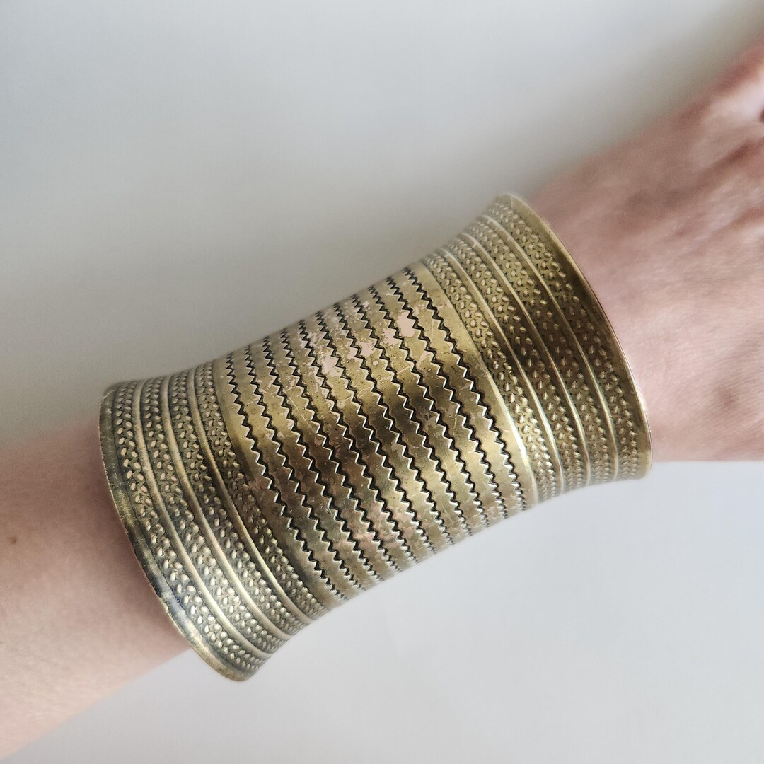 Vintage Oversized Brass Flared Cuff Bracelet | Hand-etched Tribal ...