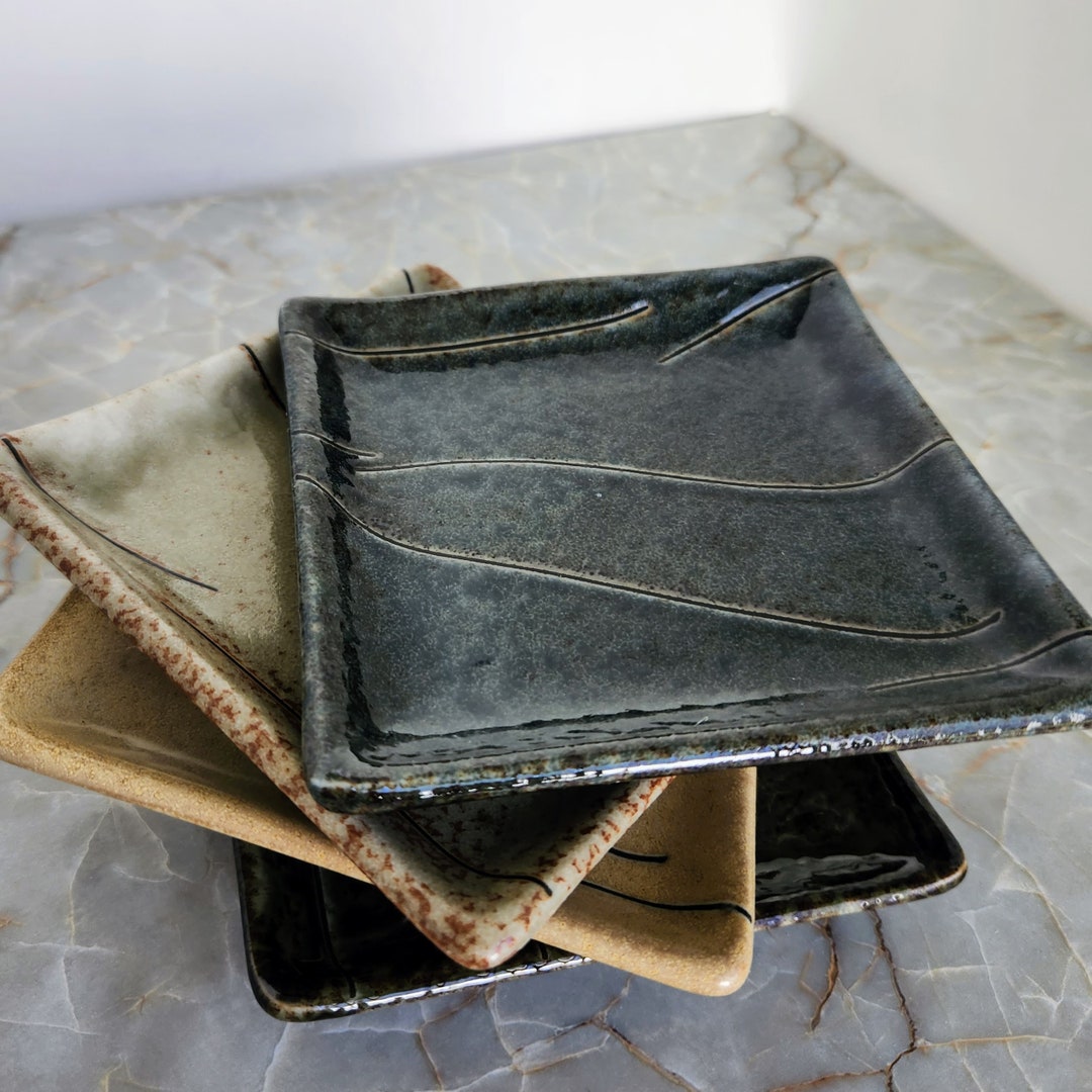 Lot of 4 Ceramic Plates Porcelain Trinket Trays 5 Green Brown Beige ...