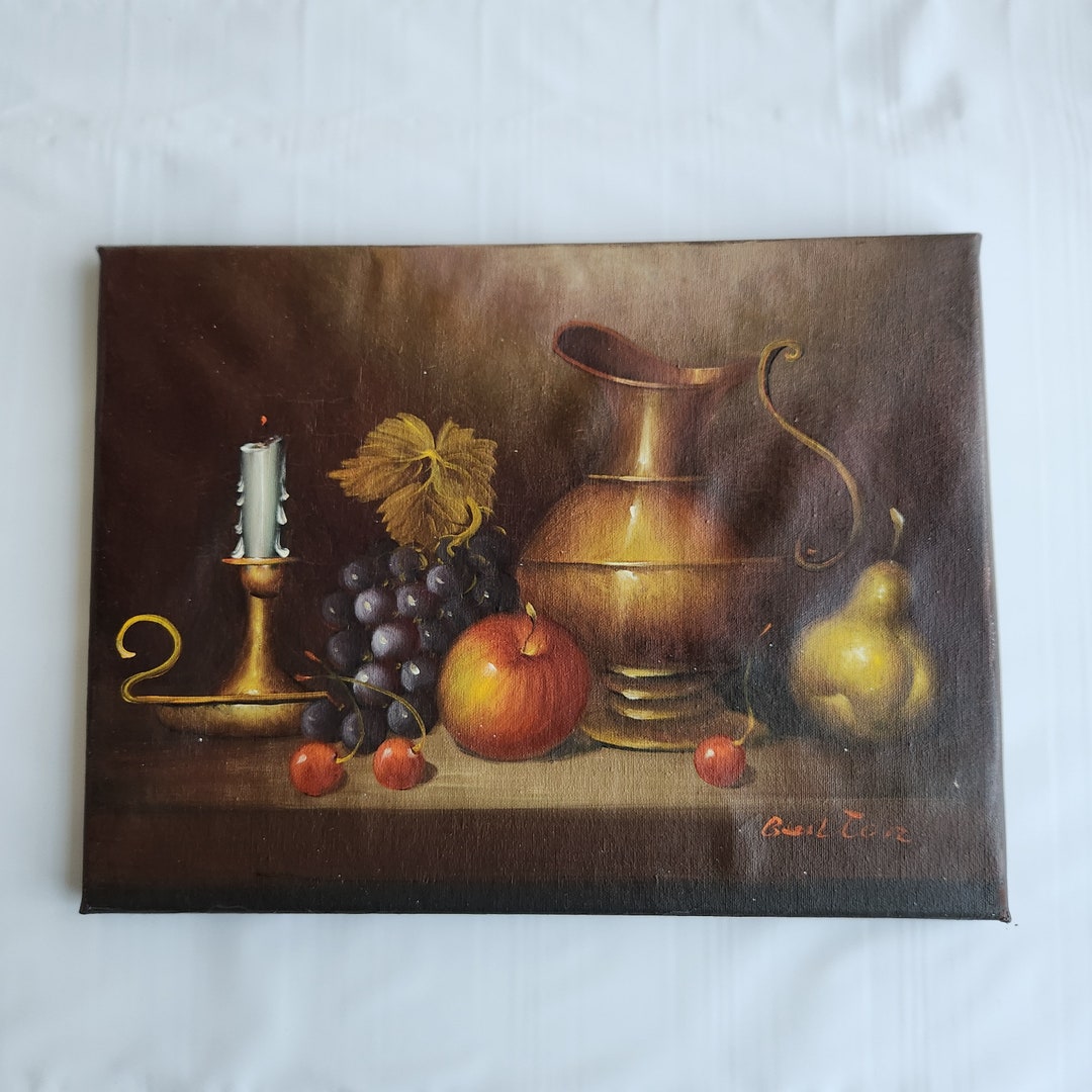 Still Life Brass Pitcher Candleholder Apple Pear and Grapes Oil ...