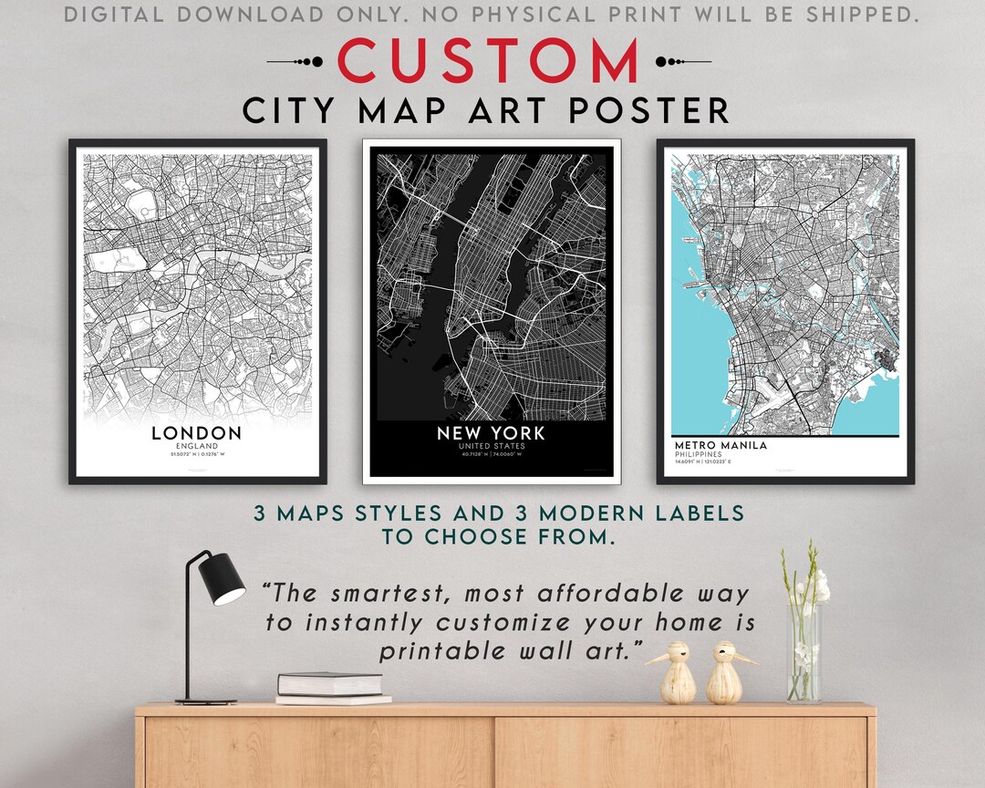 CUSTOM City Street Map | Printable Travel Map | Minimalist Style ...