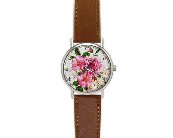 Pink Flower Watch Vintage Floral Watch Leather Watch | Etsy
