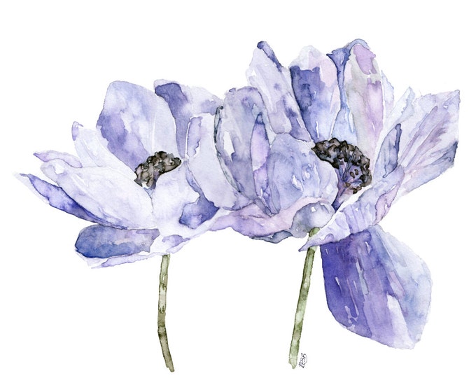 Single Large Flower, Unique Gift for Her, Blue Floral Art Watercolor ...