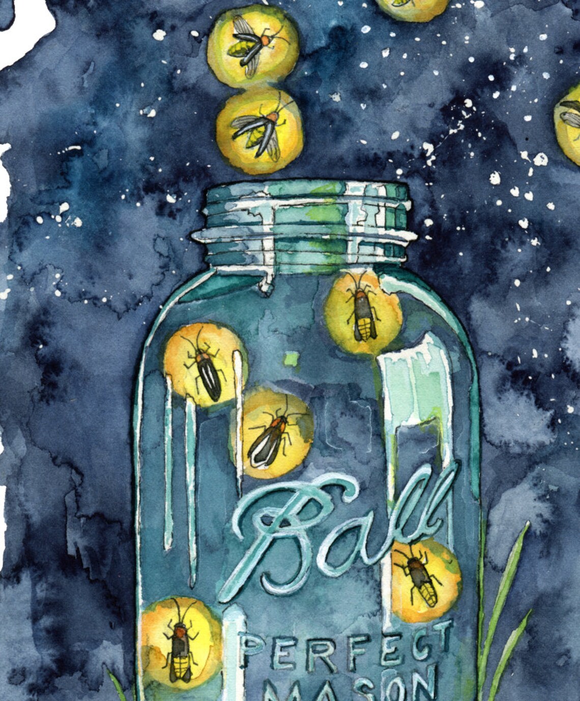 Watercolor Firefly Jar Painting Print Titled a Summer - Etsy