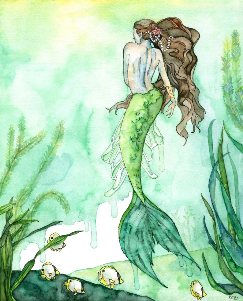 Watercolor Mermaid Painting, Mermaid Print, Beach Decor, Mermaid Decor ...