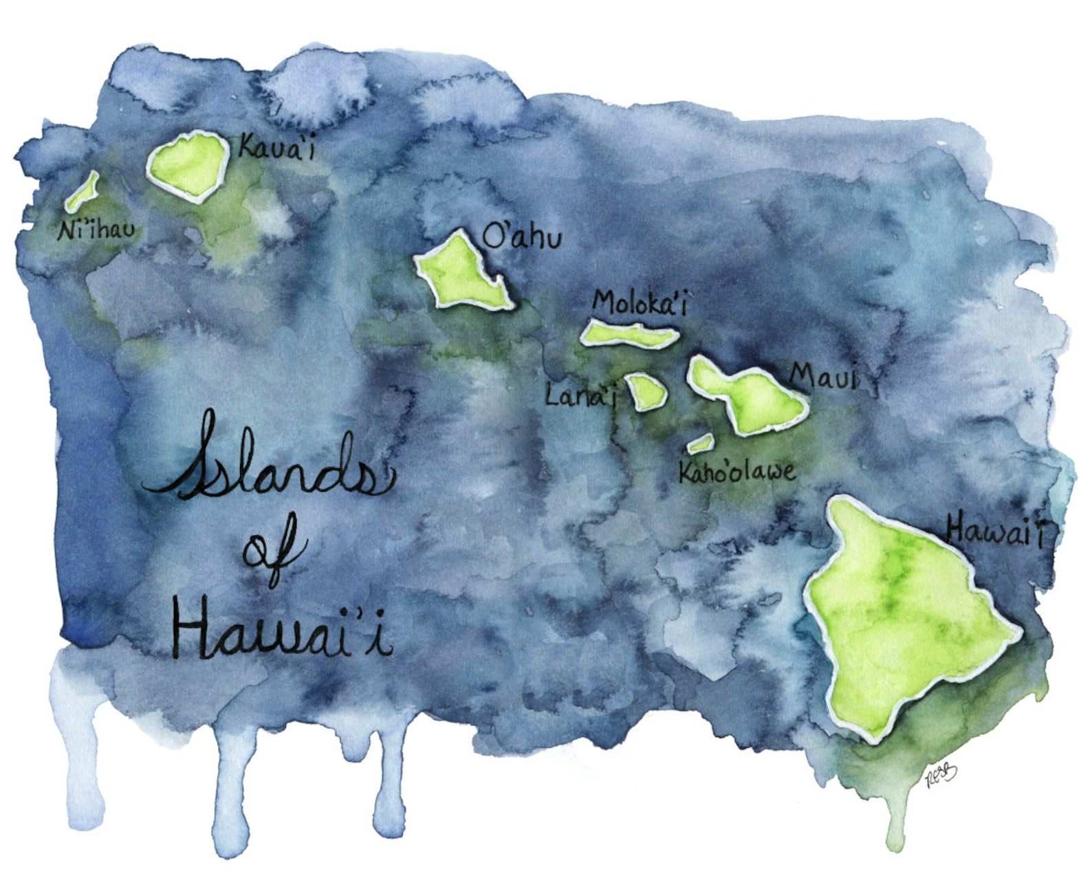Watercolor Hawaiian Islands Print - Painting Titled, "islands of Hawaii ...